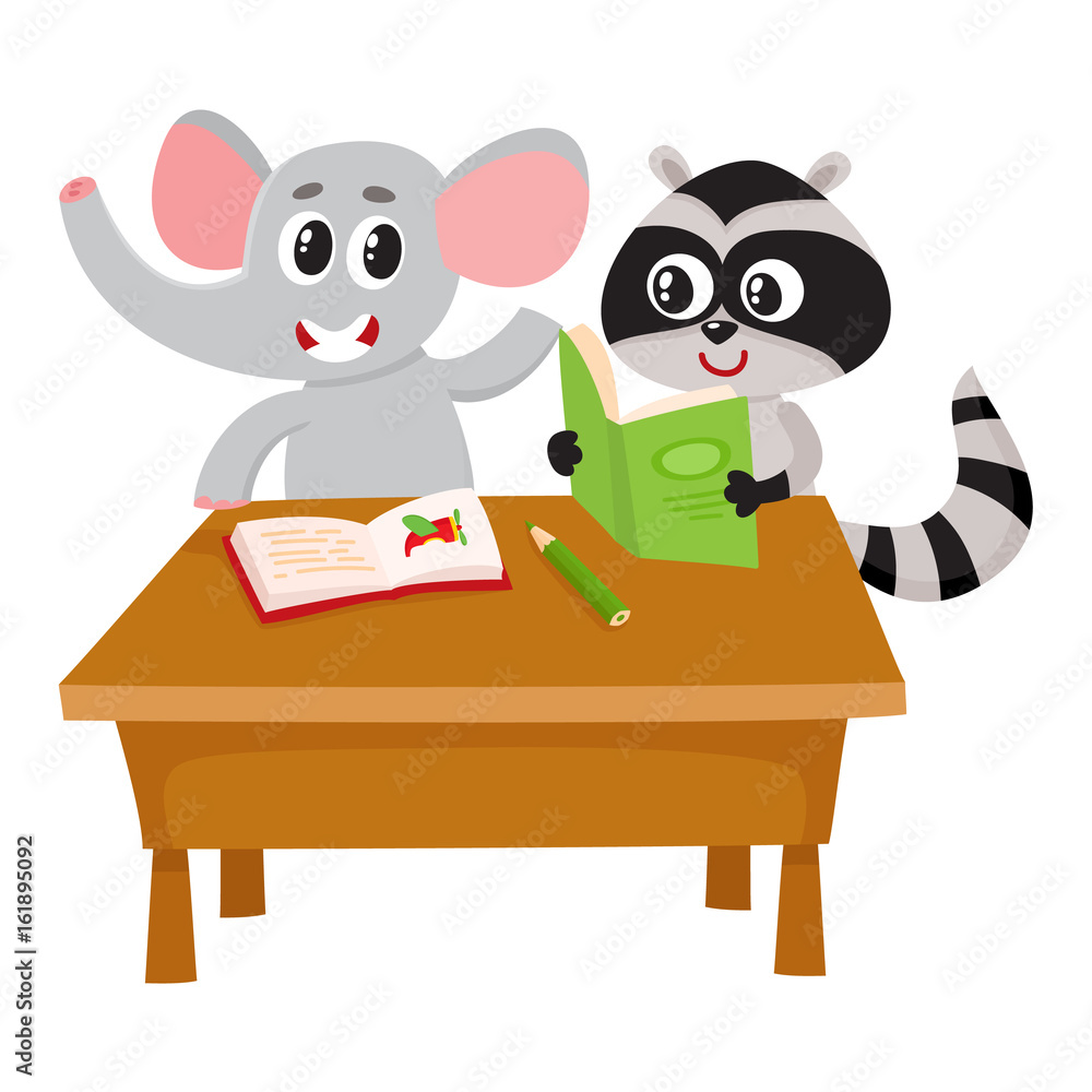 Cute elephant and raccoon student characters sitting at school desk ...