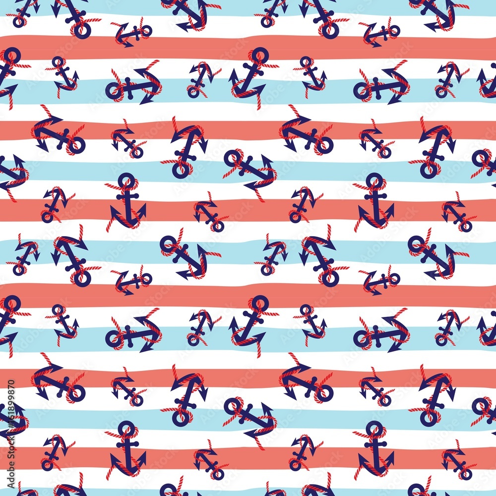 Seamless pattern with blue anchors on red, white and blue marine ...