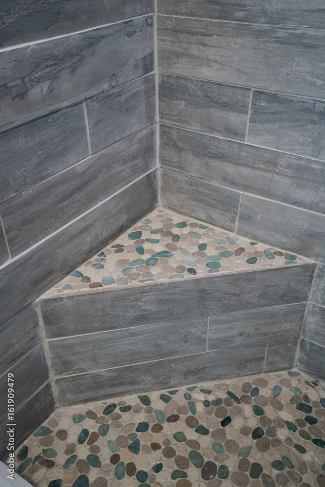 Bathroom Walk In Tile Shower Seat with Stone Aggregate Seat Stock Photo ...