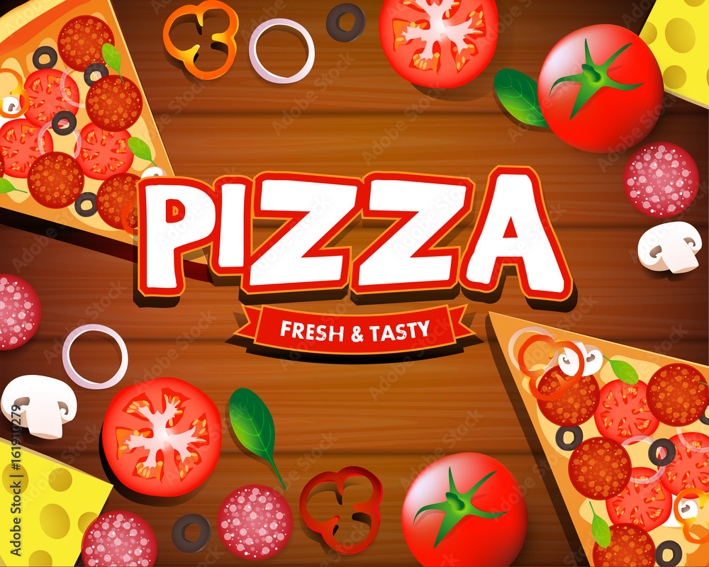 Pizza menu wooden board cartoon background with fresh ingredients ...