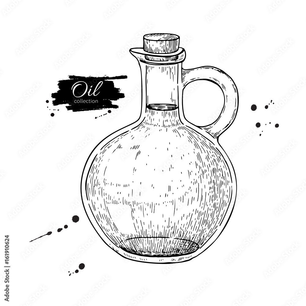 Oil bottle drawing. Vector glass pitcher with cork stopper. Stock ...