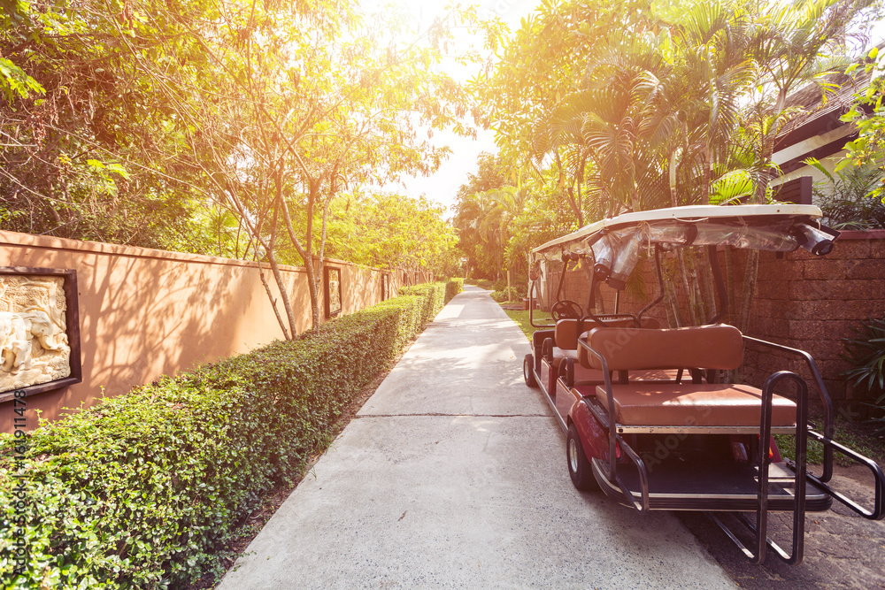 Foto Stock Buggy Car for Golf Fields, Hotels and Resorts on a Road with ...