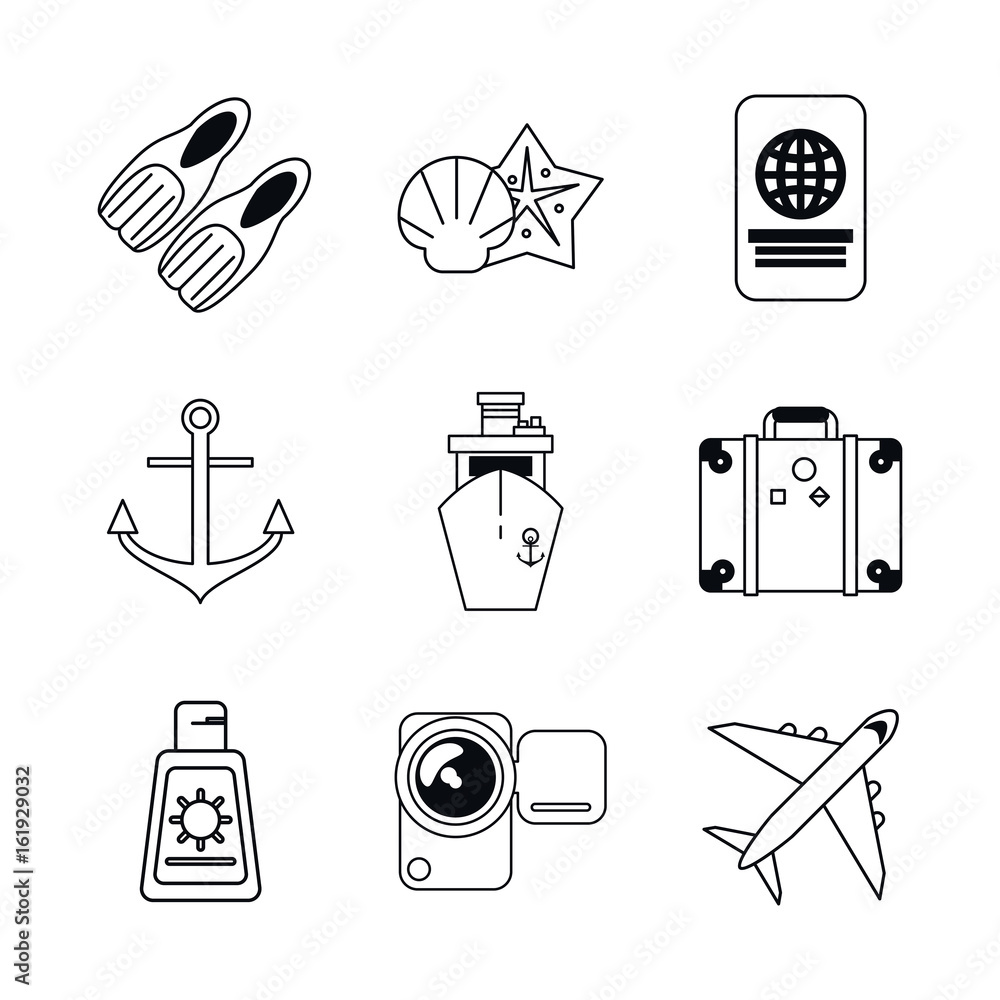 white background with monochrome graphics set of beach vacation vector ...