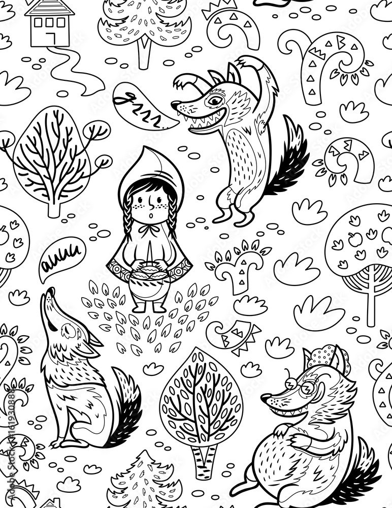 Little Red Riding Hood cartoon background in outline. Stock Vector ...