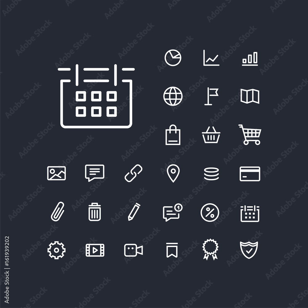Calendar icon in set on the black background. Universal linear icons to ...