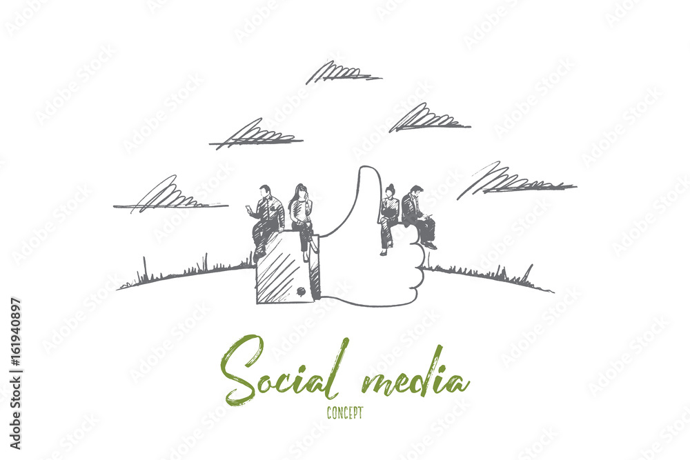 Social media concept. Hand drawn people who use social media and ...