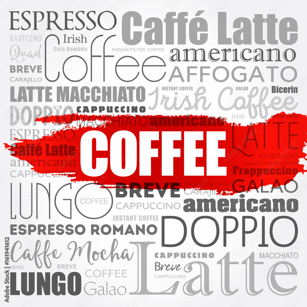List of coffee drinks words cloud collage, poster background Stock ...