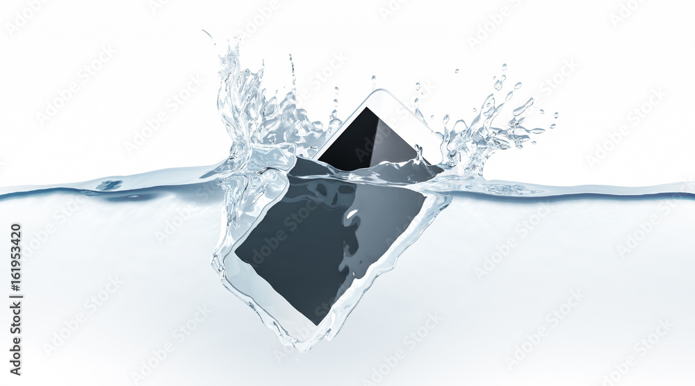 White smartphone mock up sinks in water, 3d rendering. Mobile smart ...