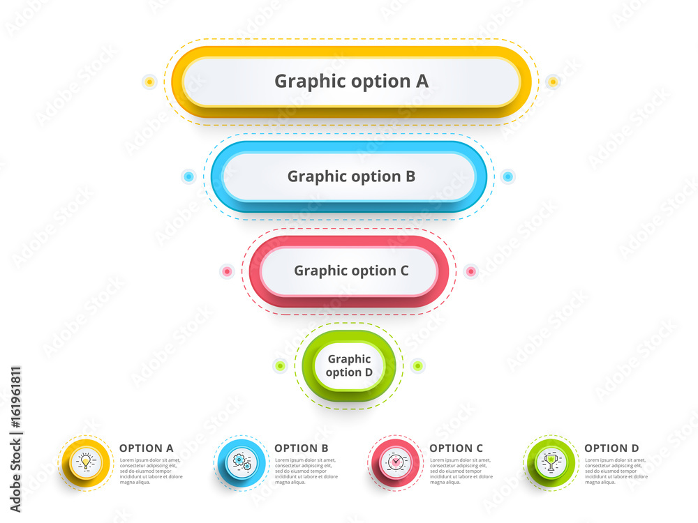 Pyramid 4 step process chart infographics with option circles. Funnel ...