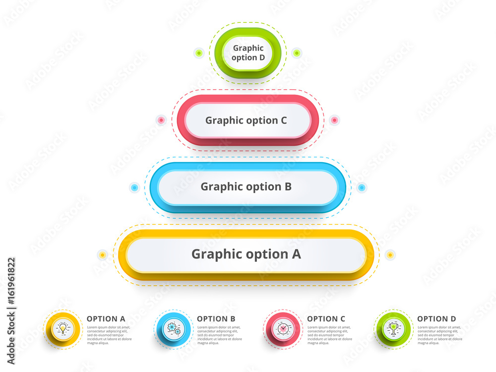 Pyramid 4 step process chart infographics with option circles. Funnel ...