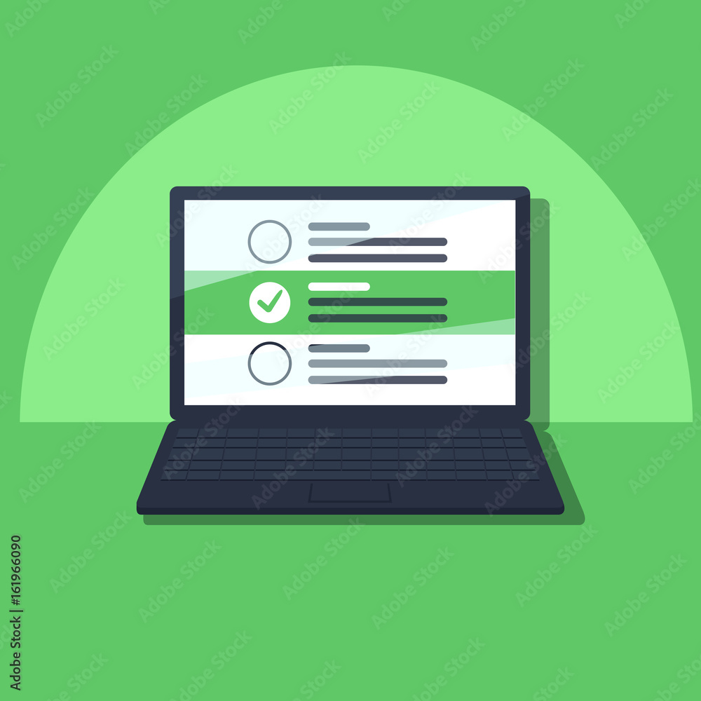 Laptop and checkboxes with check mark. Checklist, white tick on laptop ...