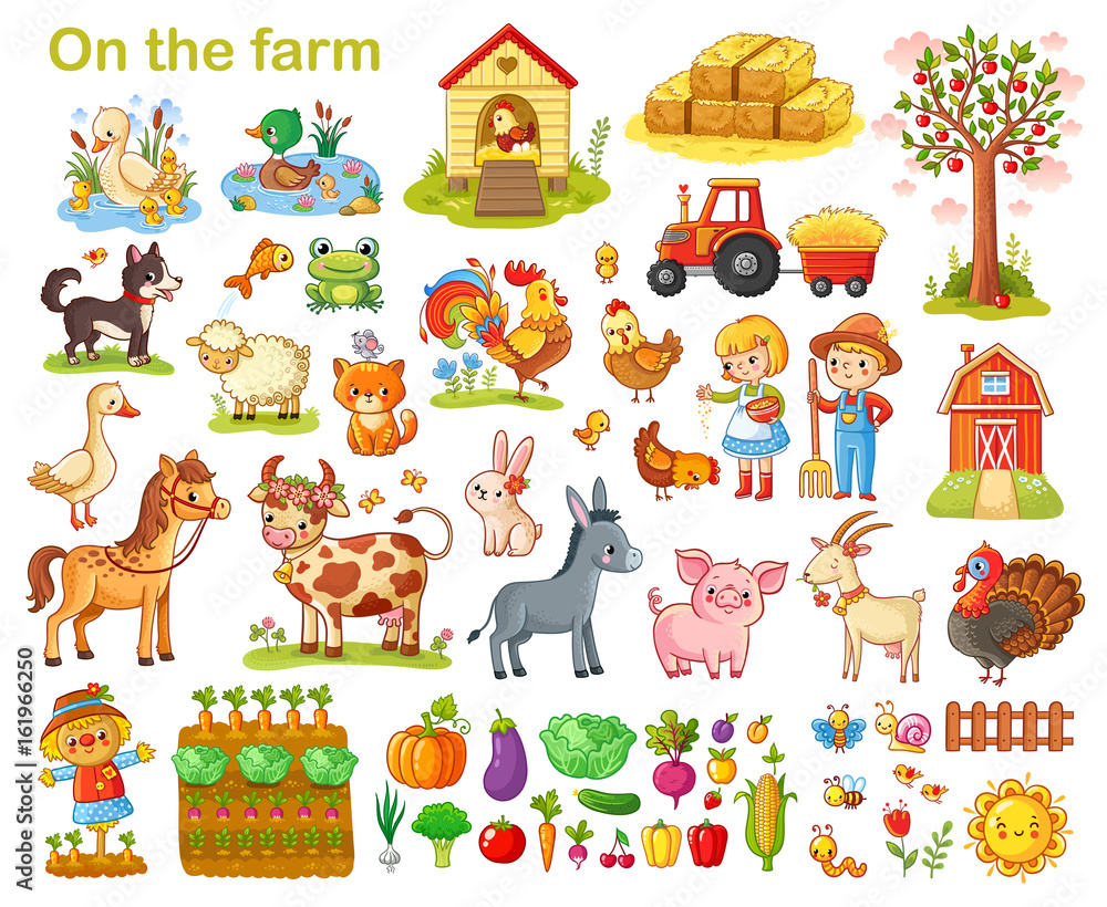 Farm set with animals, pets, livestock and vegetables on a white ...