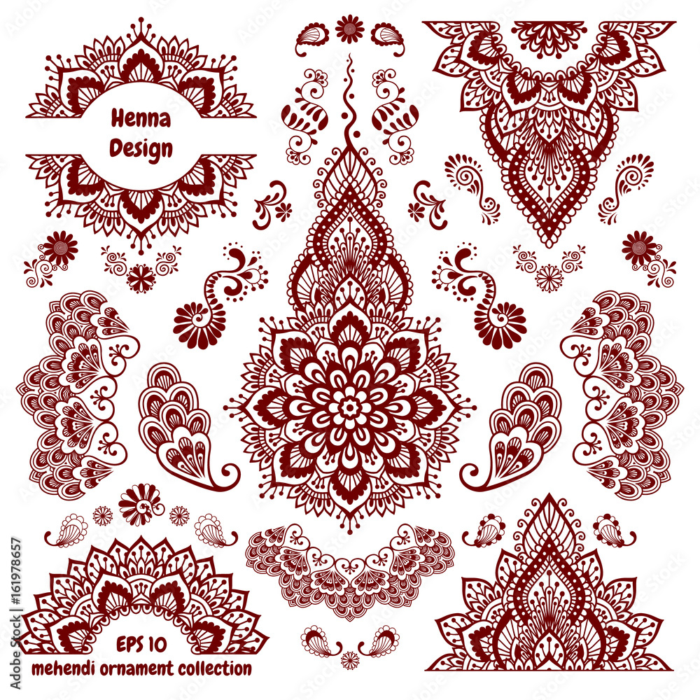 Hand-drawn mehendi ornamental pattern design set. Indian henna tattoo ...