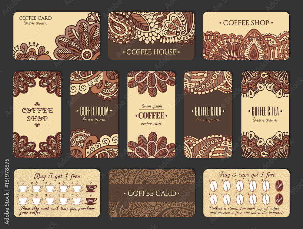 Coffee card design set in Indian style. Vertical and horizontal cards ...