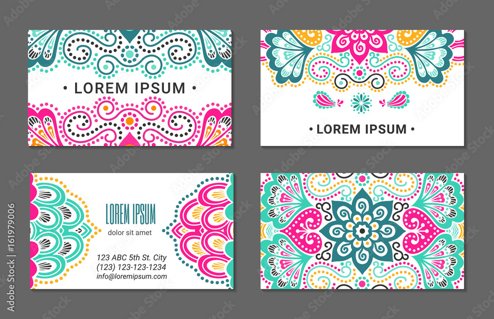Indian style horizontal colorful ornate visiting card set. Ornamental ...