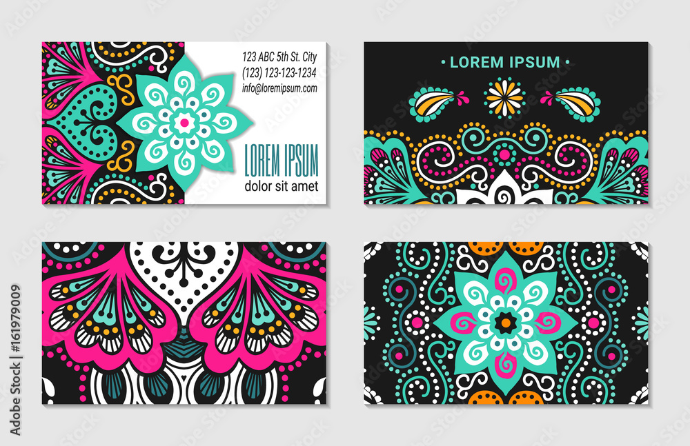 Indian style horizontal colorful ornate visiting card set. Ornamental ...