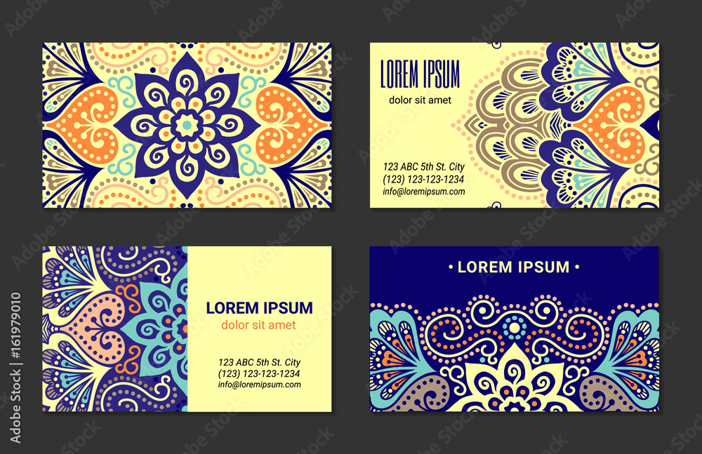 Indian style horizontal colorful ornate visiting card set. Ornamental ...