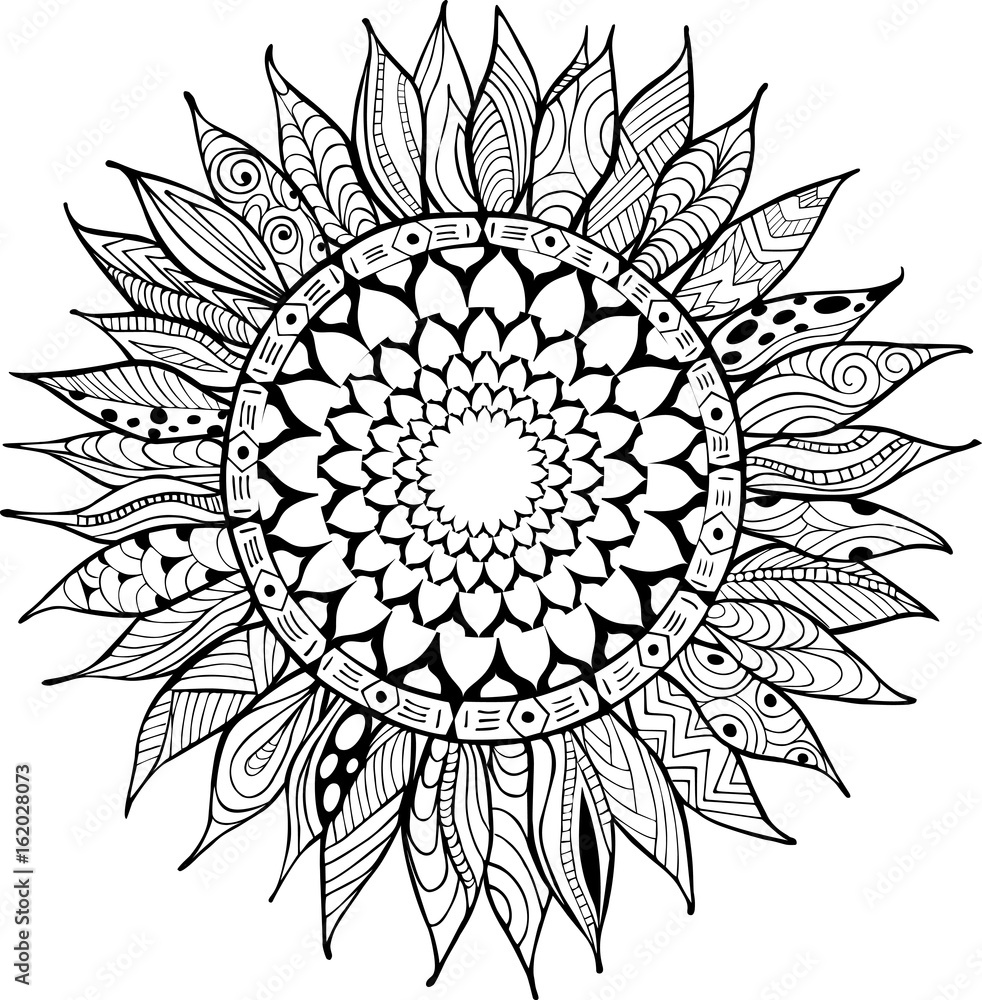 Hand drawn zentangle sunflower ornaments for antistress coloring book ...