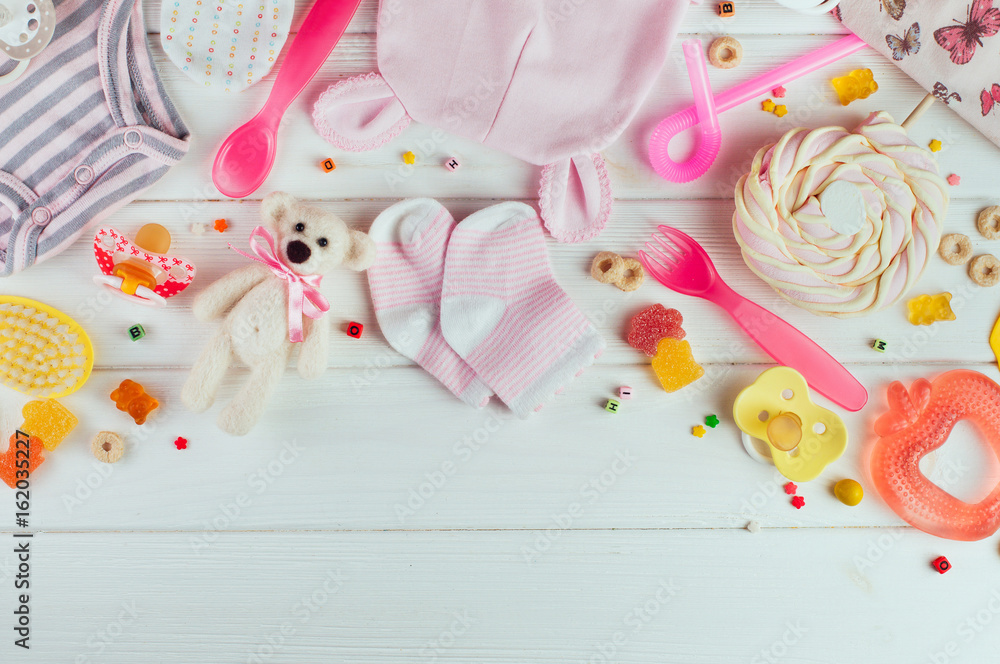 Baby shower party background on the white wooden background with copy ...
