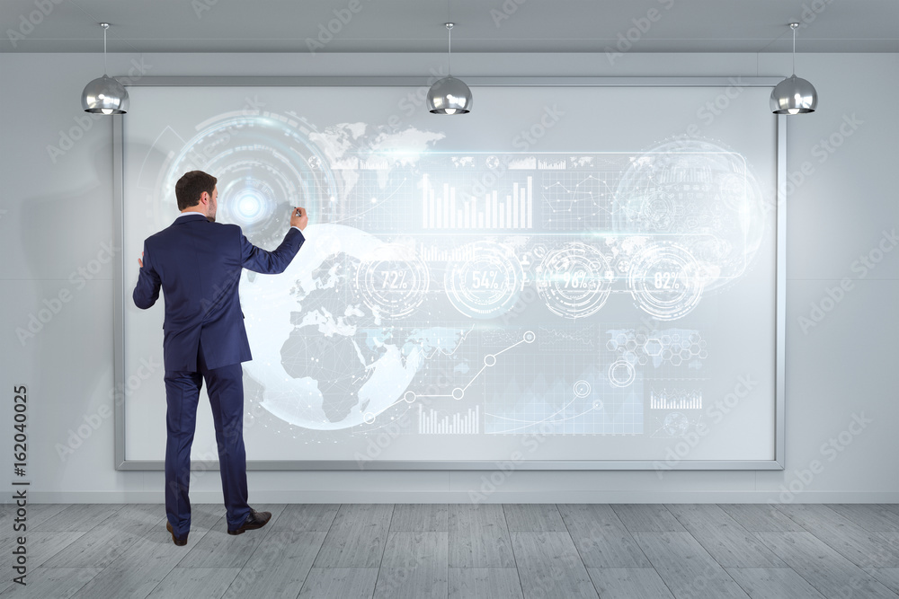 Businessman using graph screens interface on a board 3D rendering Stock ...