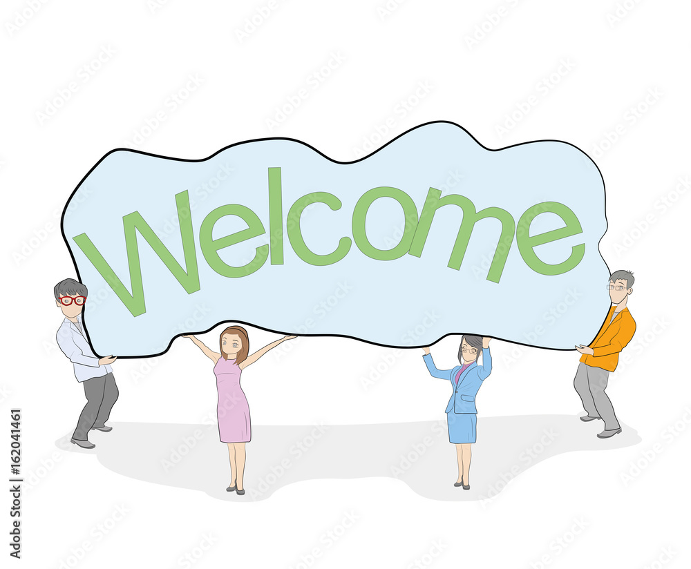 Sketch of little people who keep the inscription "welcome". Hand drawn ...