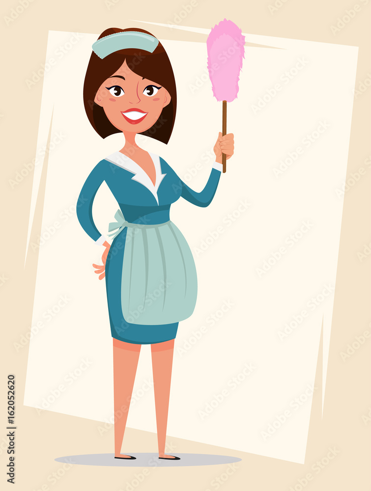 Maid, cute smiling girl dressed in classic French maid clothes, holding ...