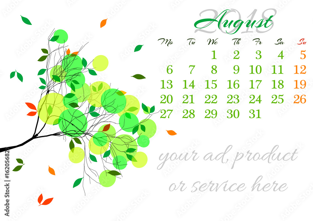 Calendar sheet for 2018 year with marked weekend days on white ...