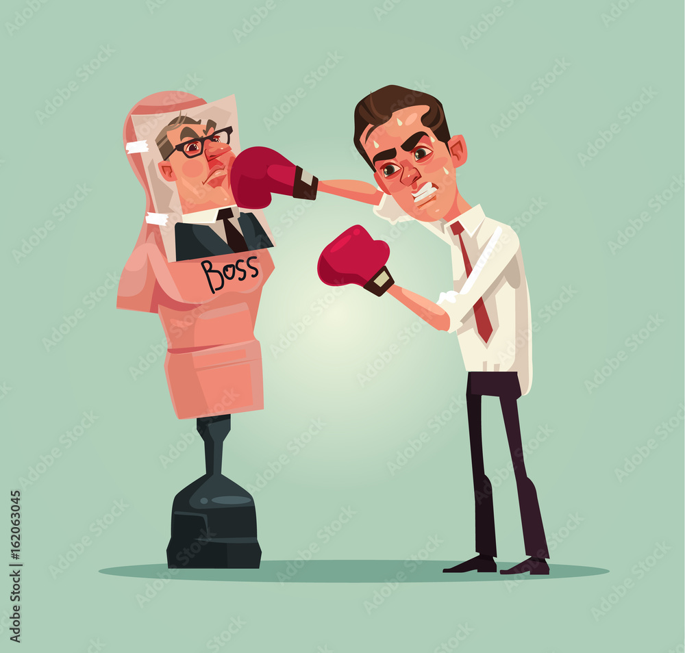 Angry upset office worker man character beats boxing mannequin with ...