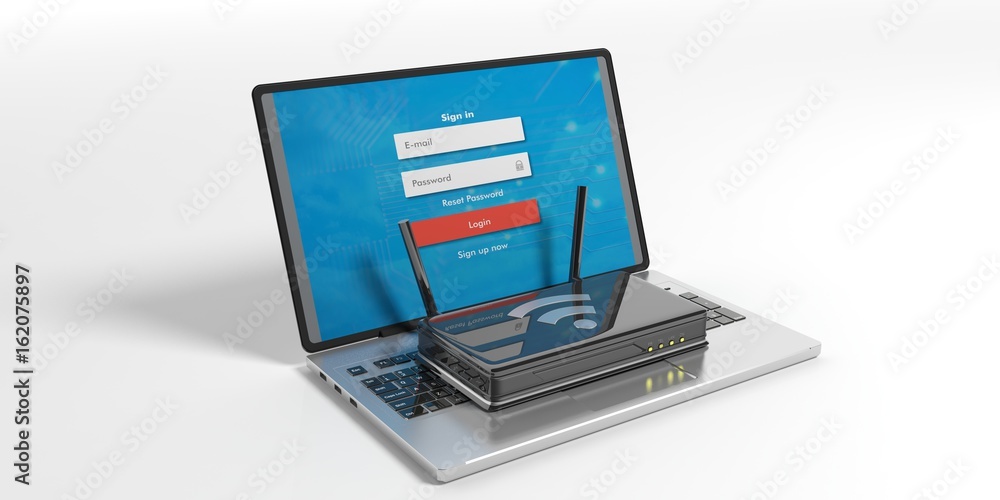 Wifi router on a laptop - white background. 3d illustration Stock ...