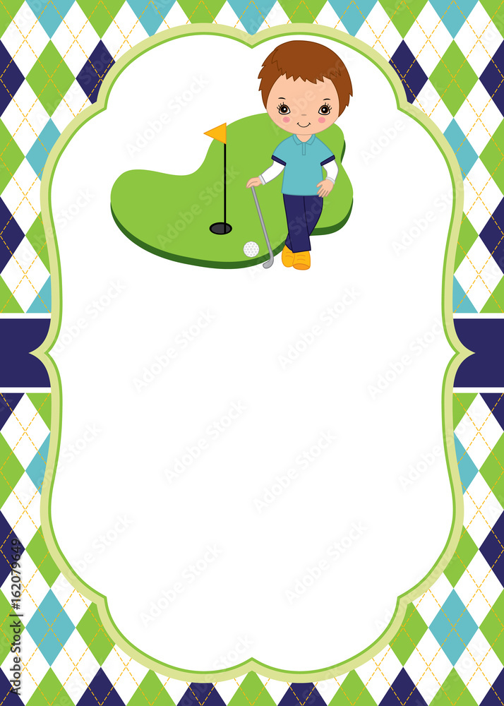 Vector Card Template with Little Boy Playing Golf. Argyle Background ...