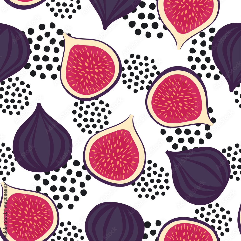 Seamless figs pattern with decorative dots on white background. Summer ...