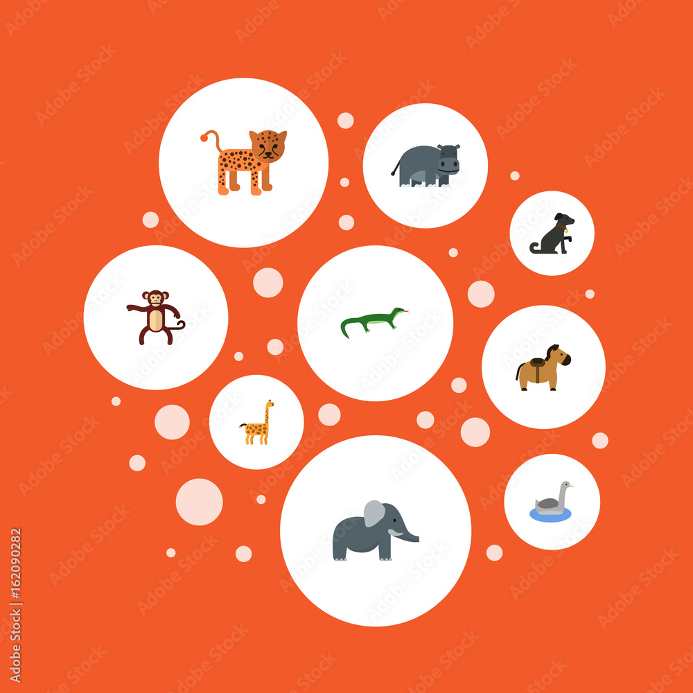 Flat Icons Chimpanzee, Trunked Animal, Hippopotamus And Other Vector ...