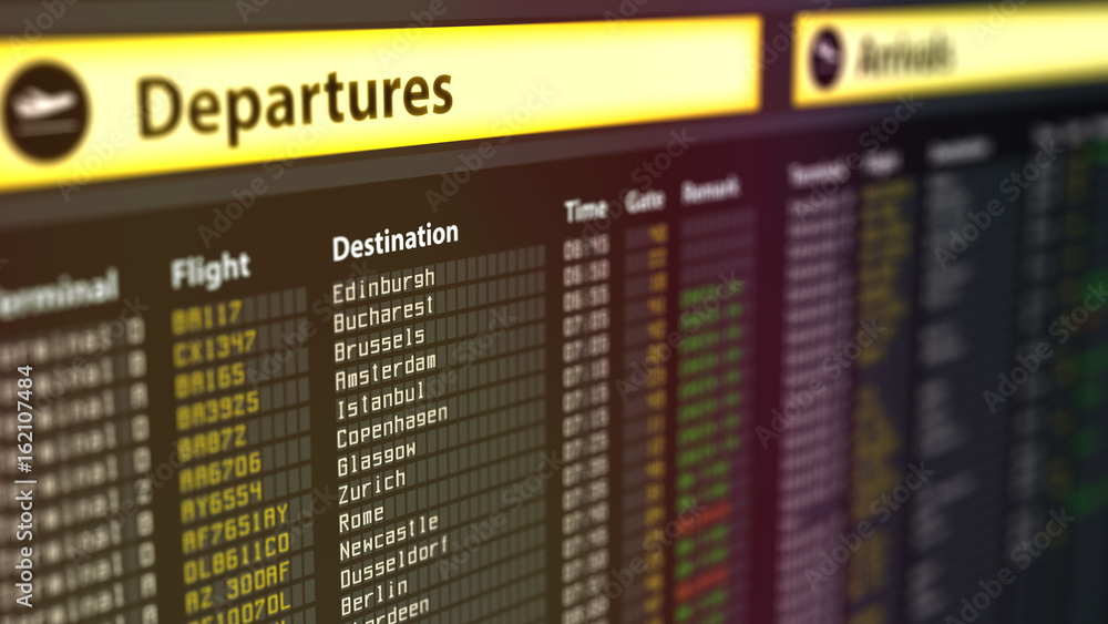 Departures sign board with flight information, destination cities on ...