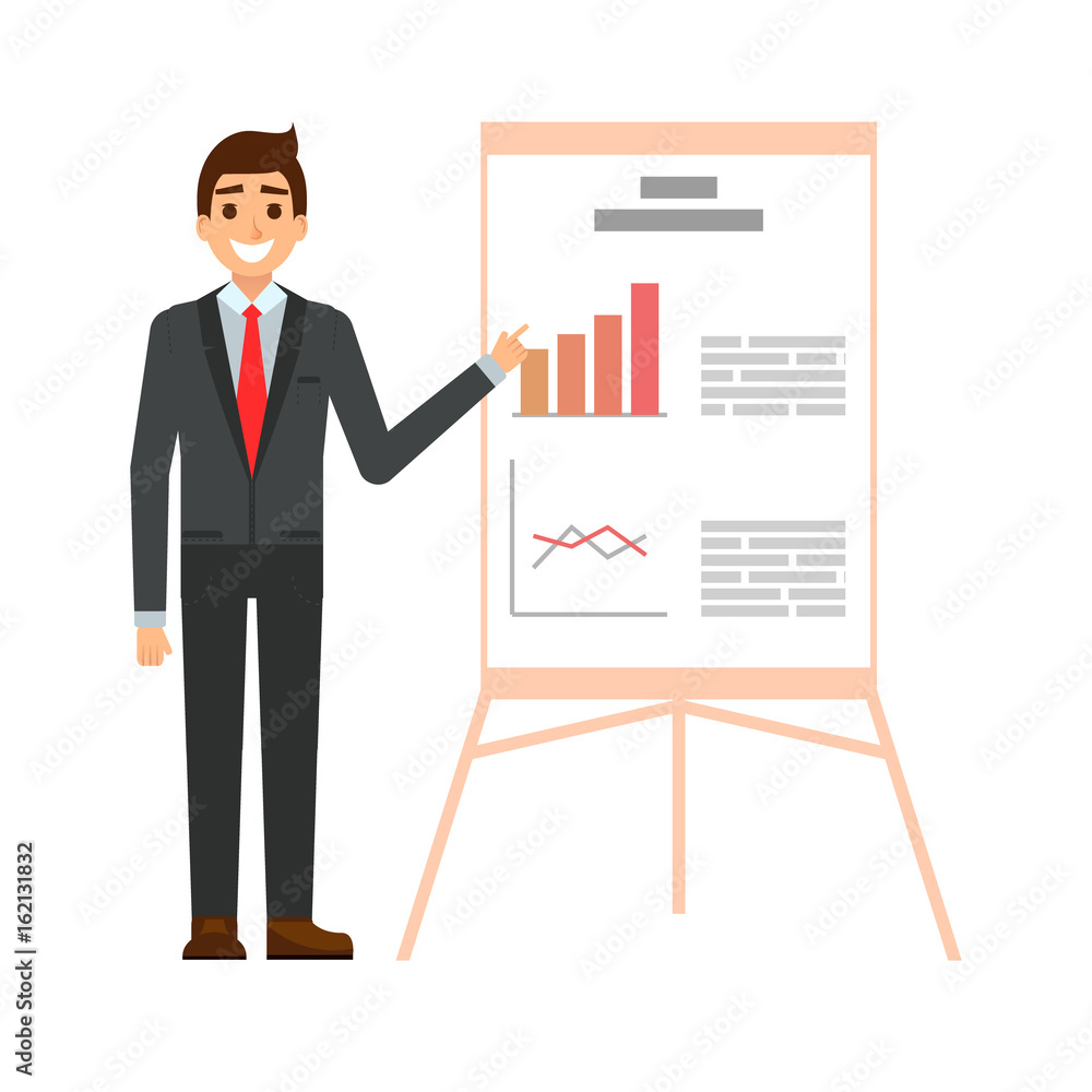 Businessman cartoon character. Man in the suit and tie makes project ...