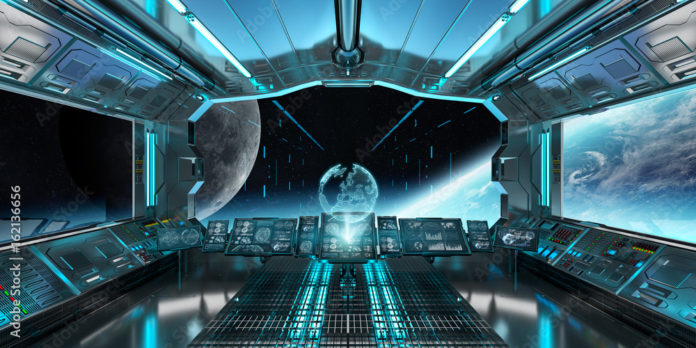 Spaceship interior with view on the planet Earth 3D rendering elements ...