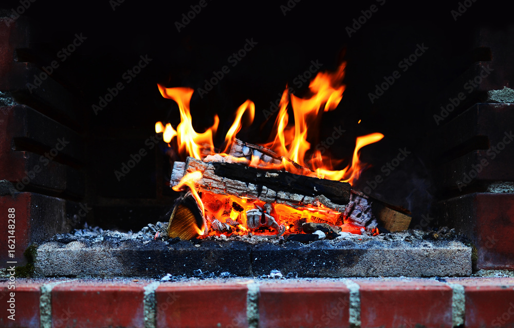 Fire burning outdoor in a fireplace with red bricks Stock Photo | Adobe ...