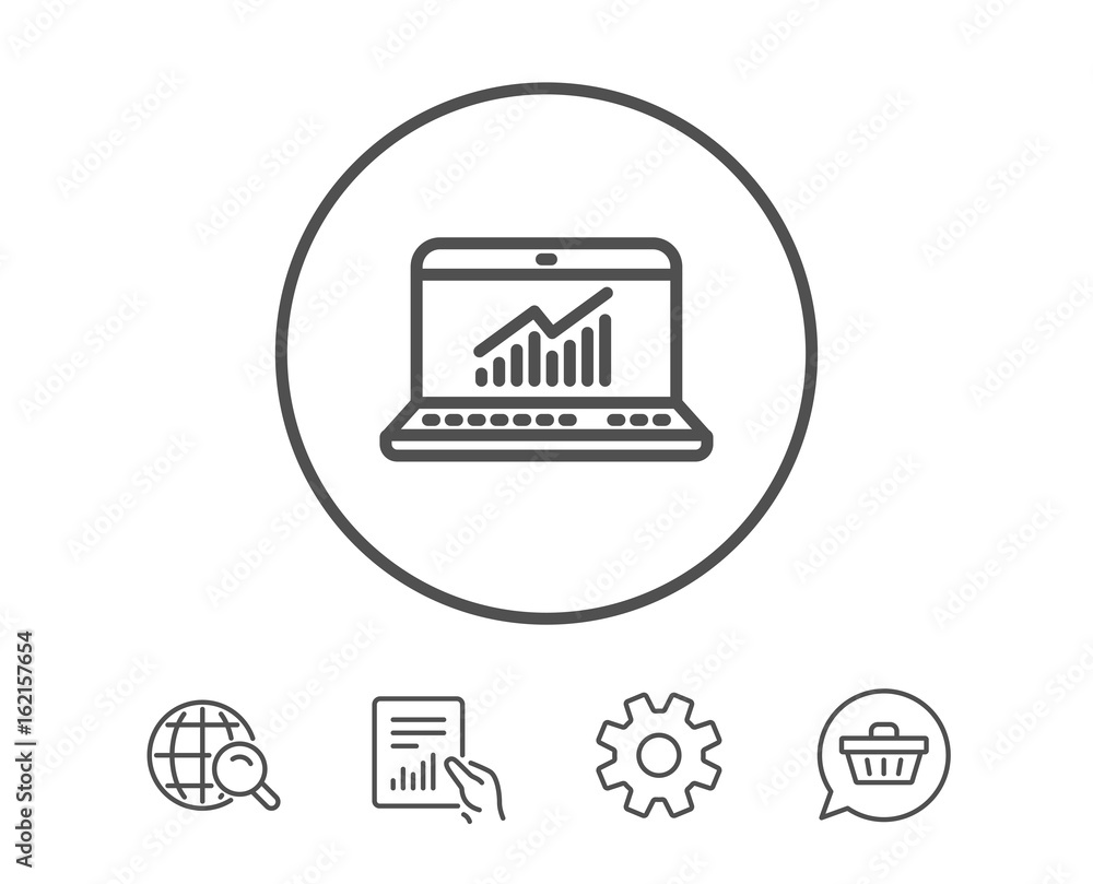 Data Analysis and Statistics line icon. Report graph or Chart sign. Computer data processing ...