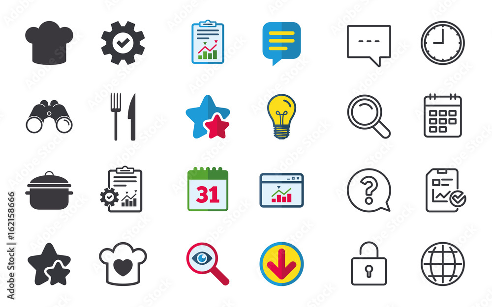 Chief hat and cooking pan icons. Fork and knife signs. Boil or stew ...