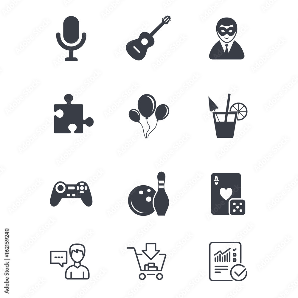 Game, bowling and puzzle icons. Entertainment signs. Casino, carnival ...