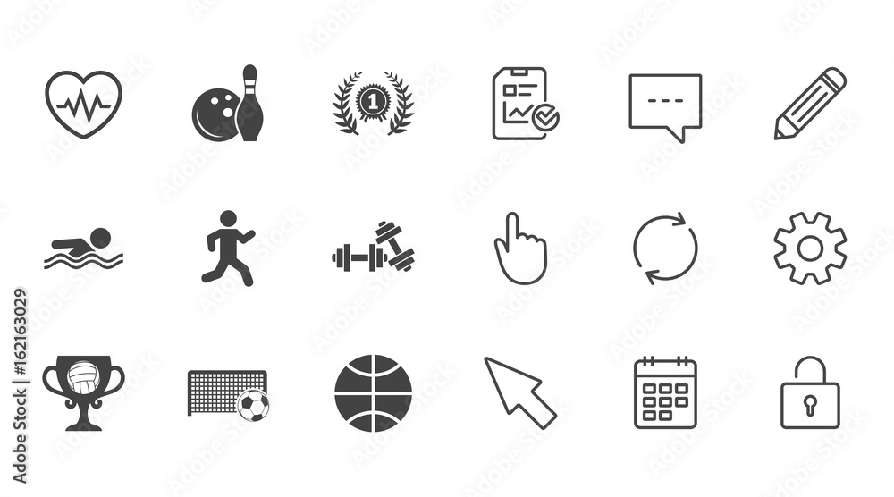 Sport games, fitness icons. Football, basketball and bowling signs ...
