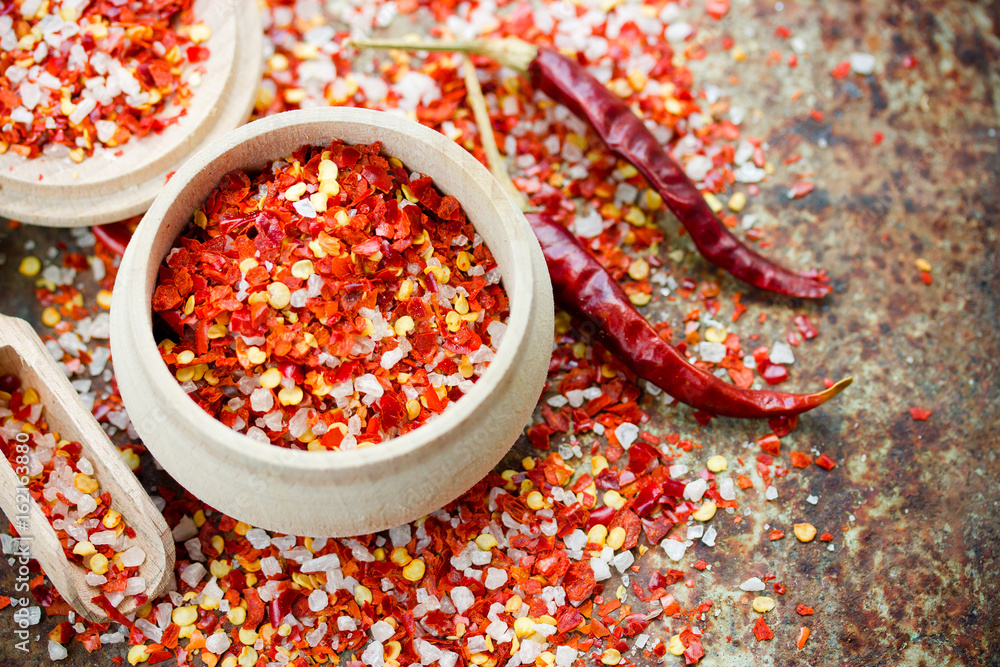 Chili salt - seasoning mix from dried red pepper and sea salt Stock ...