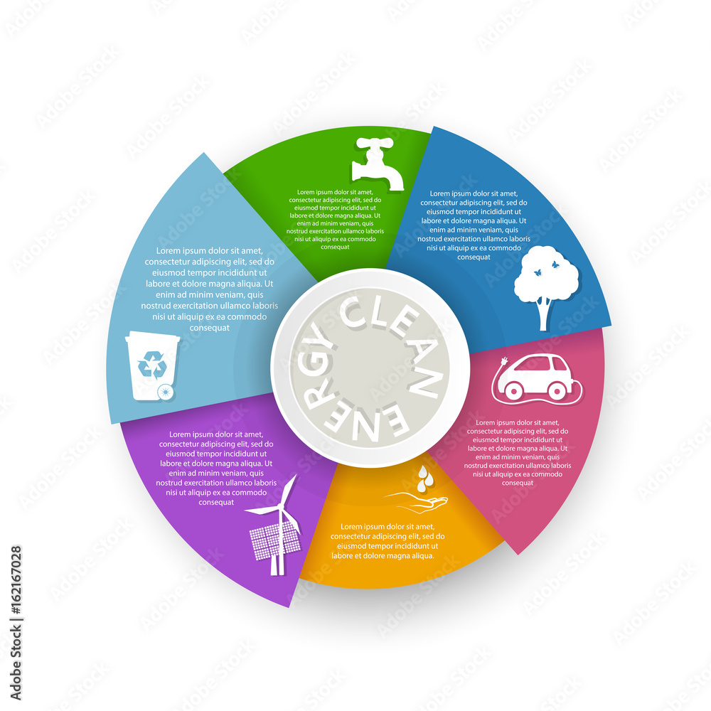 Pie chart with symbols of cleaning and environmental protection Stock ...