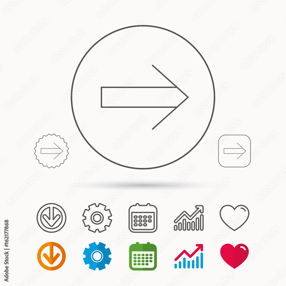 Next arrow icon. Forward sign. Right direction symbol. Calendar, Graph ...