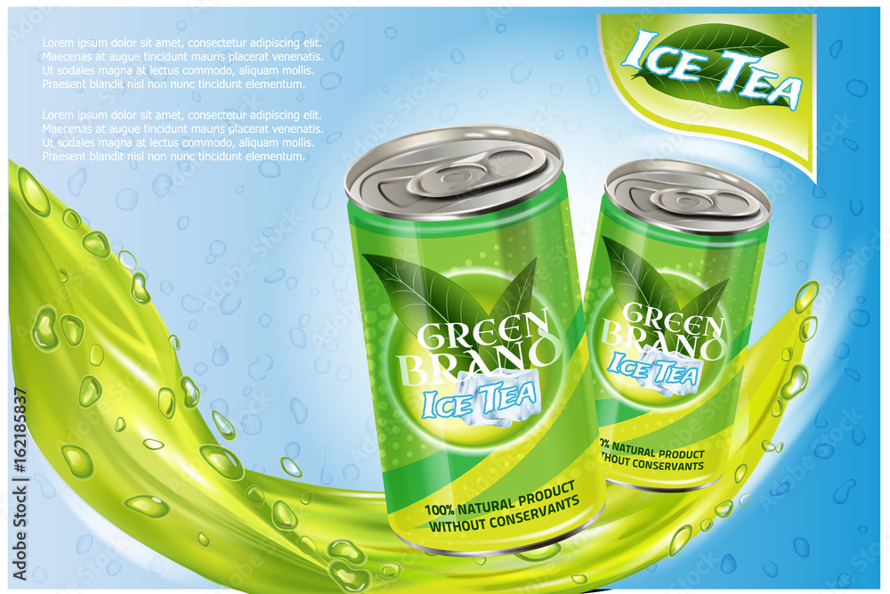 Ice tea products ad. Vector 3d illustration. Soft drink aluminium can ...