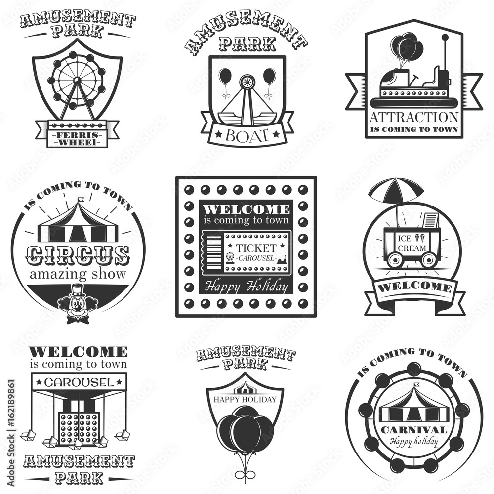 Vector set of amuesment park labels and design elements in vintage ...