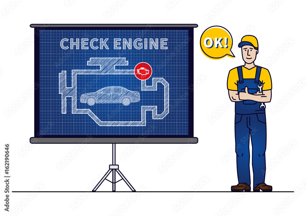 Serviceman with check engine chart board vector illustration. Mechanic ...