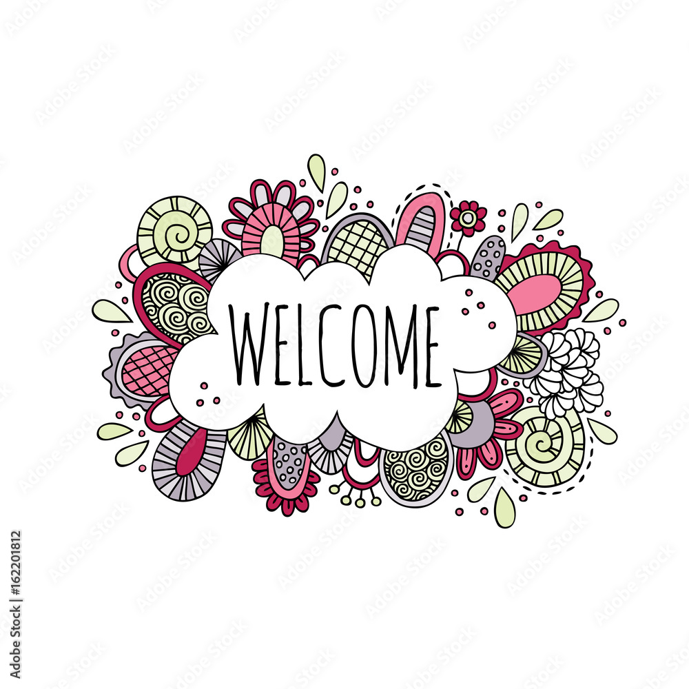Welcome word in a bubble surrounded by abstract shapes, doodles and ...