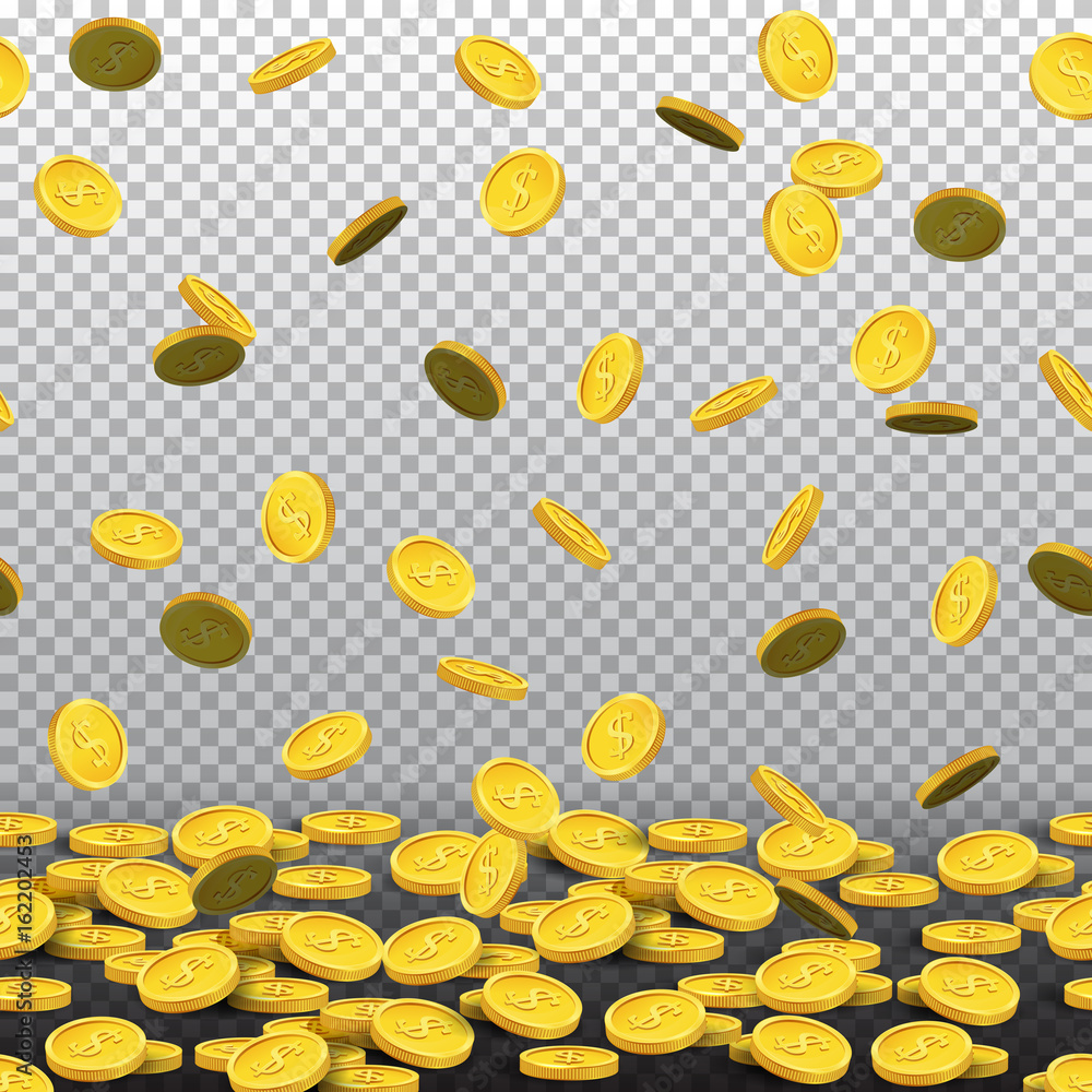 Horizontal seamless pattern with falling golden coins on transparent ...