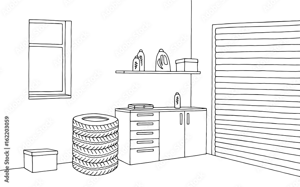 Garage graphic black white interior sketch illustration vector Stock ...