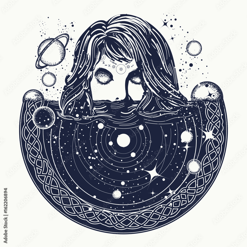 Woman in space tattoo art. Surreal girl sinks in universe. Symbol of ...